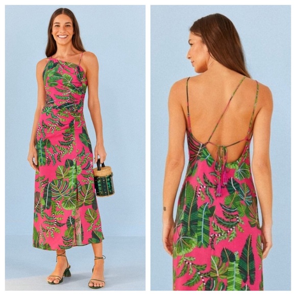 FARM Rio | Dresses | Nwt Farm Rio Leaves Pink Asymmetric Ruched Open ...